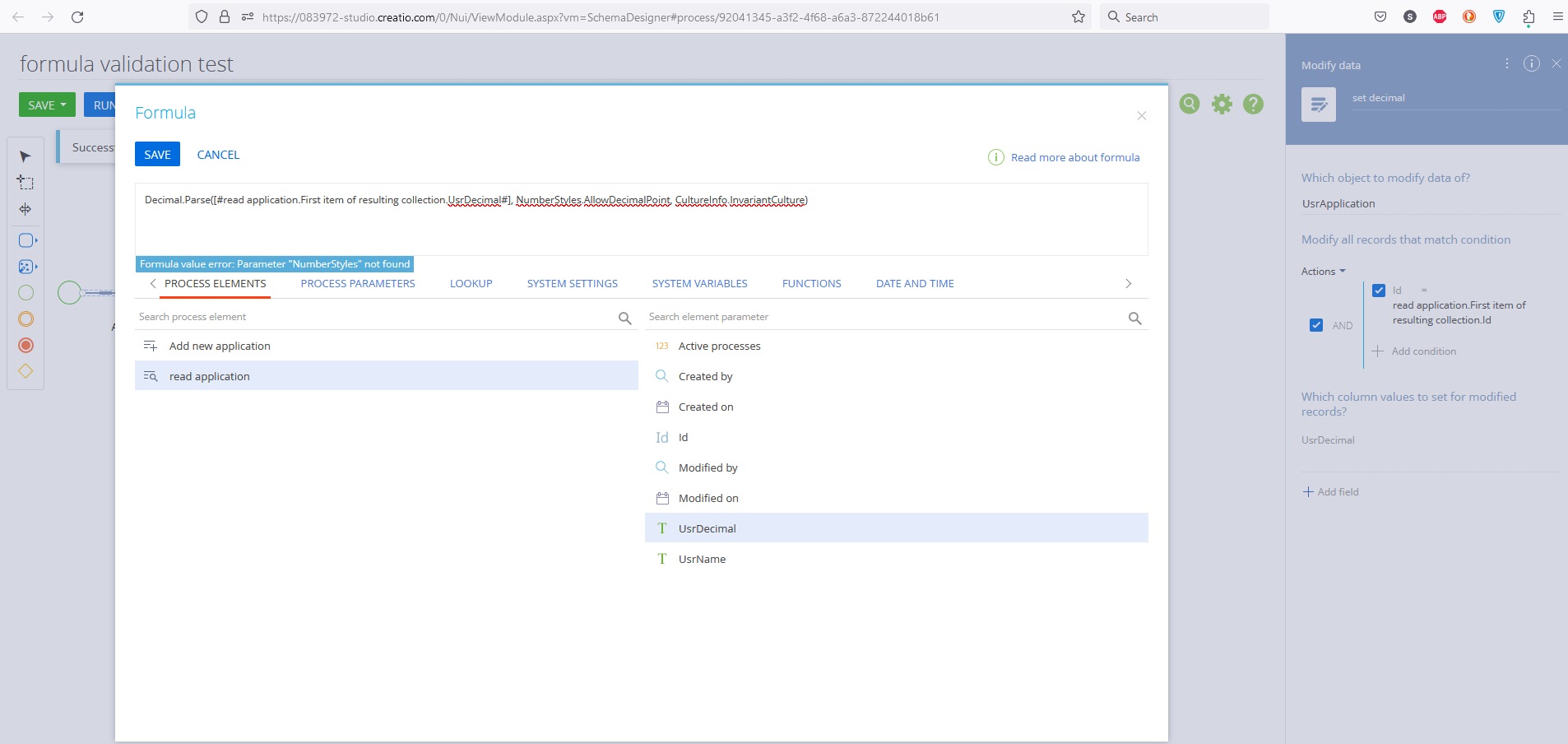 Formula validation in buisiness-process | Community Creatio